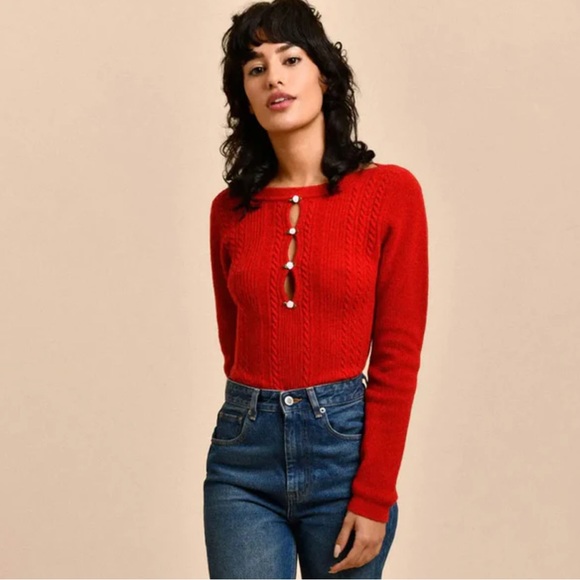 Rouje | Sweaters | Rouje Paris Lauria Wool Cable Knit Rosebud Eyelet Sweater In Red | Poshmark